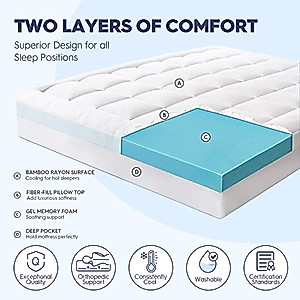 ELEMUSE Dual Layer 4 Inch Memory Foam Mattress Topper Queen Size, 2 Inch Cooling Gel Memory Foam Plus 2 Inch Bamboo Pillow Top Cover, Comfort Support Back Pain Relief