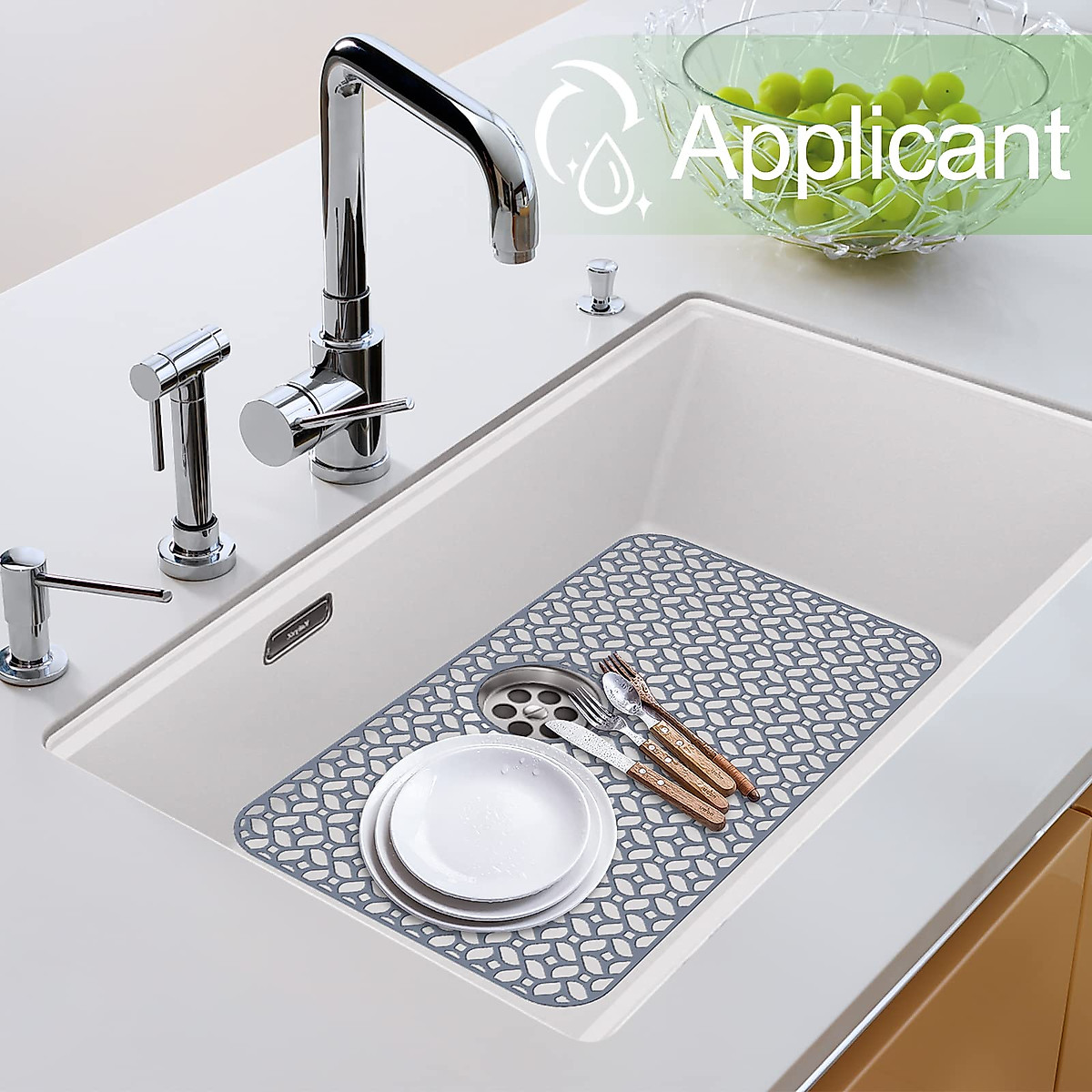 JUSTOGO Silicone Sink Protectors for Kitchen Sink 26.4"x14.4", Kitchen Sink Mat Grid Heat Resistant Sink Mats for Bottom of Kitchen Sink Farmhouse Stainless Steel Porcelain Sink Mat Rear Drain, Grey