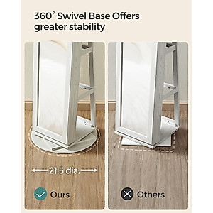 SONGMICS 360° Swivel Jewelry Cabinet, Lockable Jewelry Organizer with Full-Length Mirror, Rear Storage Shelves, Interior Mirror, Jewelry Armoire, Gift Idea, White with Gray Wood Grain UJJC006W01