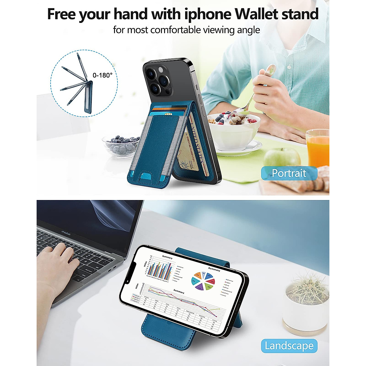 2-in-1 Magsafe Wallet, Up-grade with iPhone Wallet and Adjustable Stand, Open ID Window, Magnetic Wallet for iPhone 15/14 Pro Max/14 Pro/14/14 Plus/13/12 Series, 9 Cards Holder, Vegan Leather, Blue