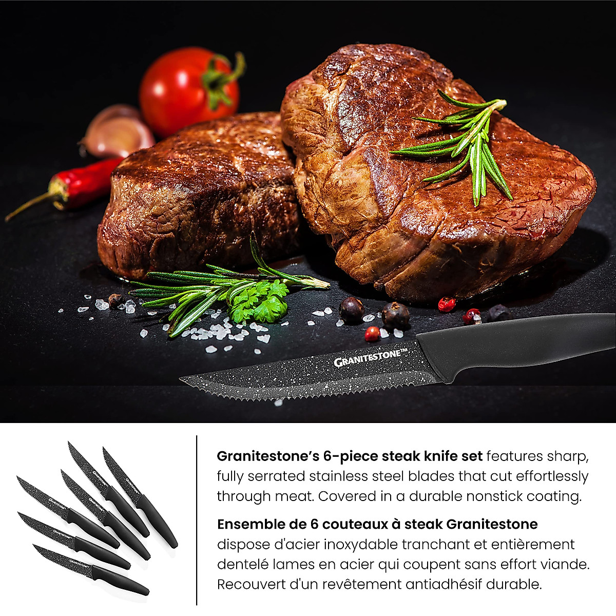 Granitestone Nutriblade Steak Knife Set, Fully Serrated Steak Knives, Stainless Steel Blade Kitchen Knife, Nonstick Coating & Dishwasher Safe For Home and Restaurant Use – Black (Set of 2)