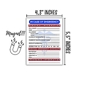 ICE Medical Card for Refrigerator in Case of Emergency Fridge Magnet |2 pk 5.5x4.3” Important Phone Numbers Call List for First Responders, Ambulance, Caregivers Toolbox Adult 911