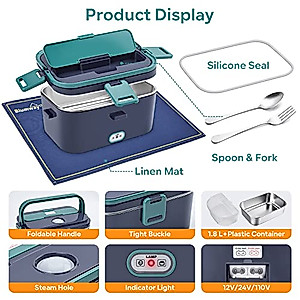 BlumWay Electric Lunch Box, 1.8L Food Heated Electric Lunch Box Leak-proof, 60W Heating Lunch Box with 304 Stainless Steel, 3 in 1 for 12V 24V 110V Portable Lunch Warmer for Office Car Truck