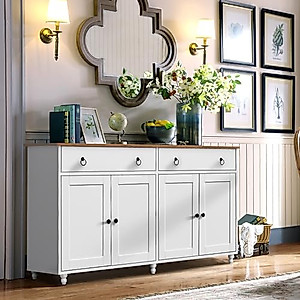 4 EVER WINNER Sideboard Buffet Cabinet with Storage, 55" Kitchen Buffet Storage Cabinet with 2 Drawers and 4 Doors, Retro Coffee Bar Cabinet Wood Buffet Table Dining Room Cabinet, White