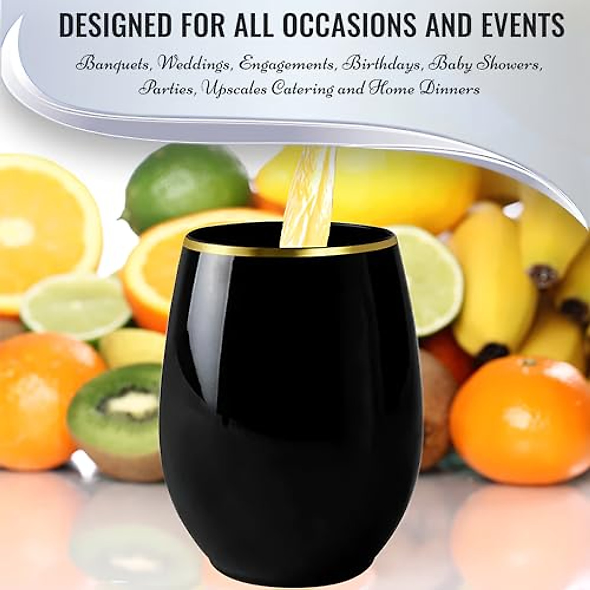 Smarty Had A Party Black Stemless Plastic Wine Glasses With Gold Rim Design (12 Oz.) - Pack Of 16 - Disposable & Chic, Perfect For Parties, Weddings, Events, Gatherings, & More