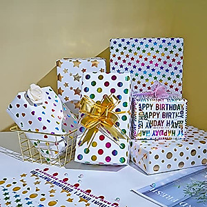 Gift Wrapping Paper Birthday, 6 Sheets Metallic Foil Wrapping Paper Set Colorful Gold Heart Dots Star Happy Birthday Wrapping Paper for Women Men, Gift Wrapping Paper for Any Occasions, 27x19 Inches