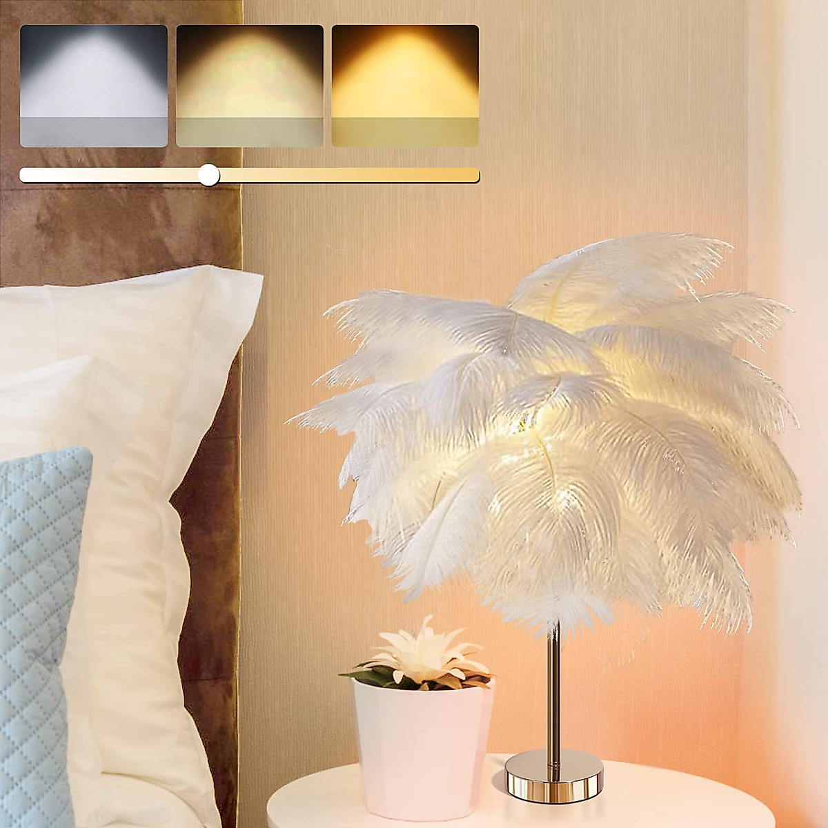Ruconla Ostrich Feather Table Lamp with Plug in Wire, Modern Feather Lamp 5-Light Bedside Table Lamp, Golden Lamp Body for Bedroom Nightstand Lamp Desk Night Light (White)
