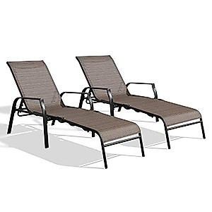 Patio Outdoor Chaise Lounge Chairs, Folding Sling Reclining Chaise Lounger Chair Fit Beach Yard Pool Patio with 5 Adjustable Positions, Brown Frame
