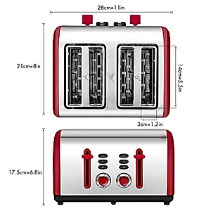 Red Toaster 4 Slice, CUSINAID Wide Slots 4 Slice Toasters Stainless Steel with Reheat Defrost Cancel Function, 7-Shade Setting, Red Color