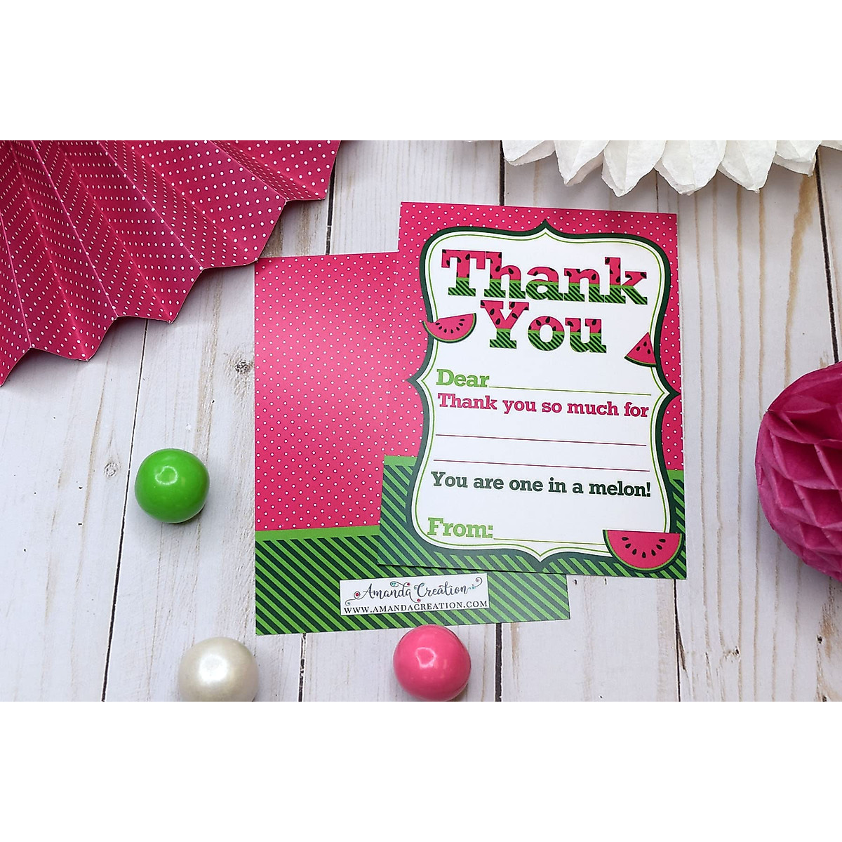 Pink Watermelon Sweet Celebration Birthday Thank You Notes, Ten 4" x 5.5" Fill In The Blank Cards with 10 White Envelopes by AmandaCreation
