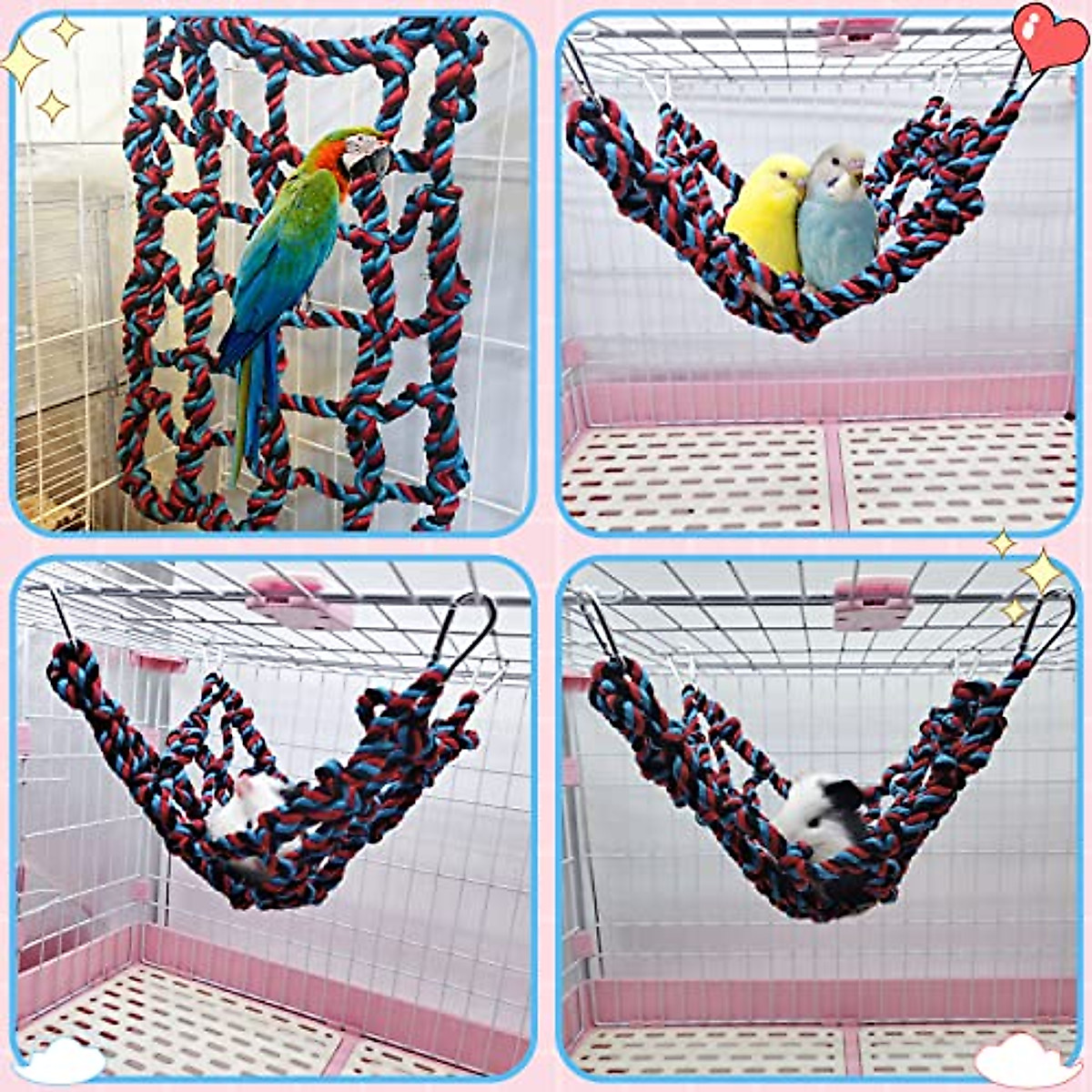 Bird Hemp Rope Net Swing Toy Parrot Perch Climbing Ladder Hanging Hammock with 10 Random Lava Block Stone Small Animal Cage Accessories for Cockatiel Budgie Lovebirds Canaries