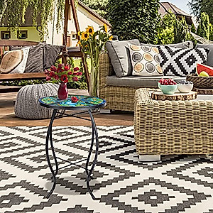 MUMTOP Outdoor Side Table - Small Mosaic Patio Table, Peacock 14” Round Accent End Coffee Table Glass Plant Stand for Garden Patio Living Room(Green)