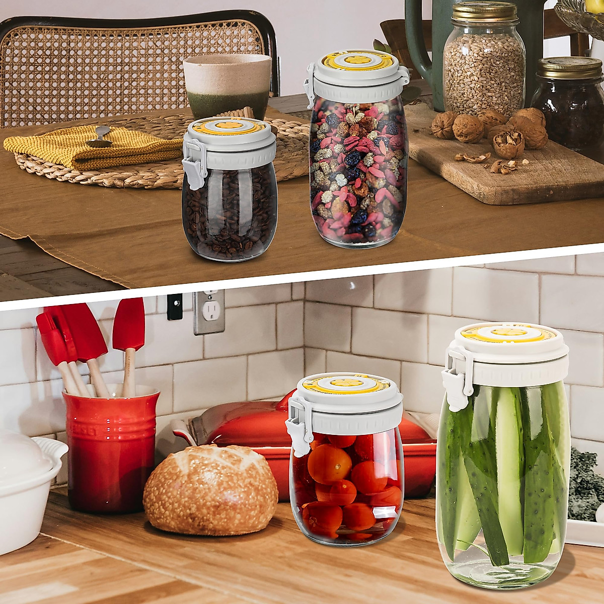 Airtight Glass Coffee Canister,Airtight Glass Jars,Glass Fermentation Jar Pickle Jar,Wide Mouth Jar with One-way Venting Lid for Canning Cereal,Spice,Sugar,Fermenting,Pickling Cucumber,Fluid Ounce 25