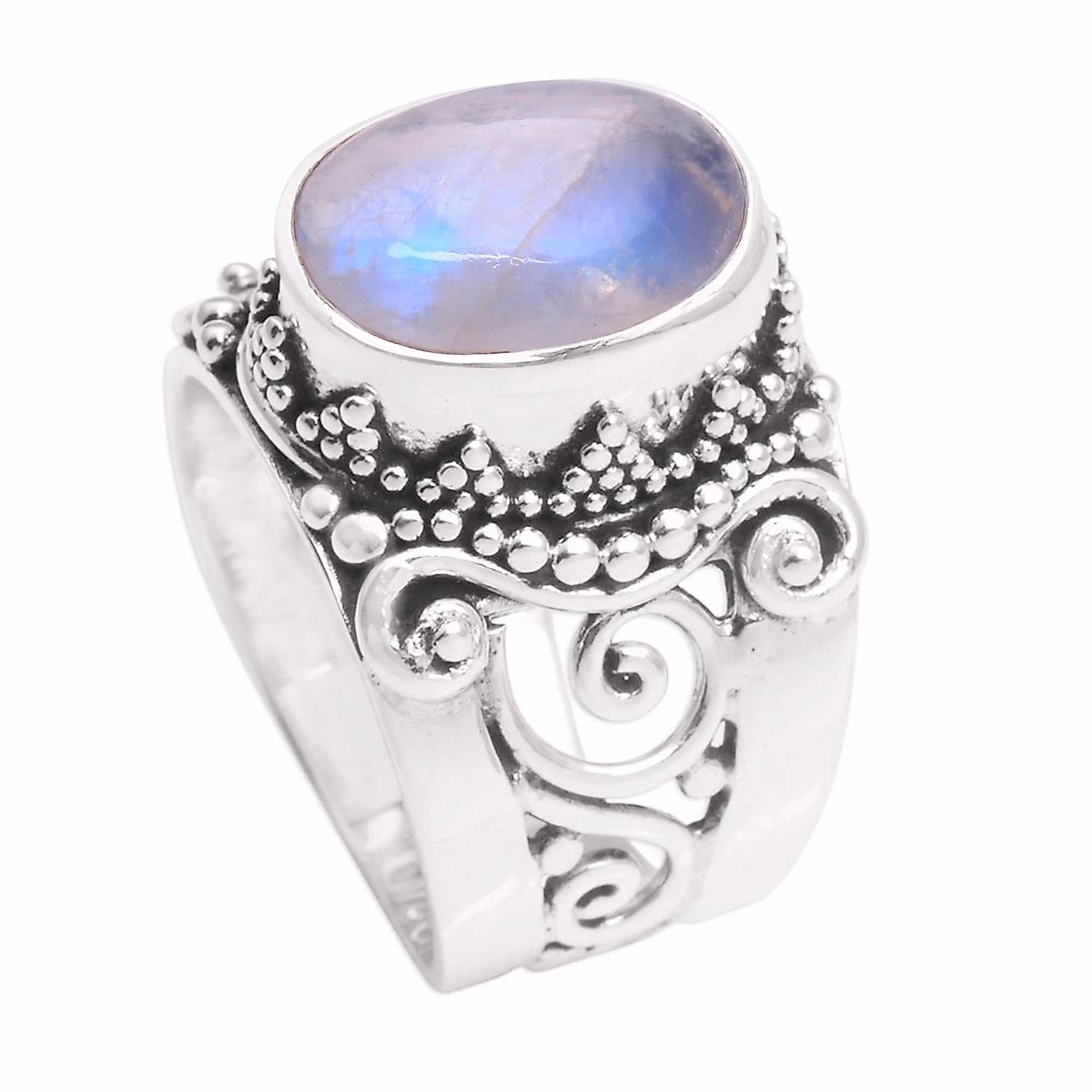 NOVICA Artisan Handmade Rainbow Moonstone Cocktail Ring Sterling Silver Single Clear Indonesia Gemstone [crownbezel 0.7 in H x 0.6 in W x 0.3 in D Band Width 8 mm W] ' Glorious Vines'