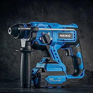 NEIKO 10882A Cordless Rotary Hammer Drill, Includes 20-Volt Li-ion Rechargeable Battery, Fast Charger, SDS Plus Hammer Drill, Heavy Duty Brushless Demolition Hammer, Cordless Hammer Drill, Rotohammer