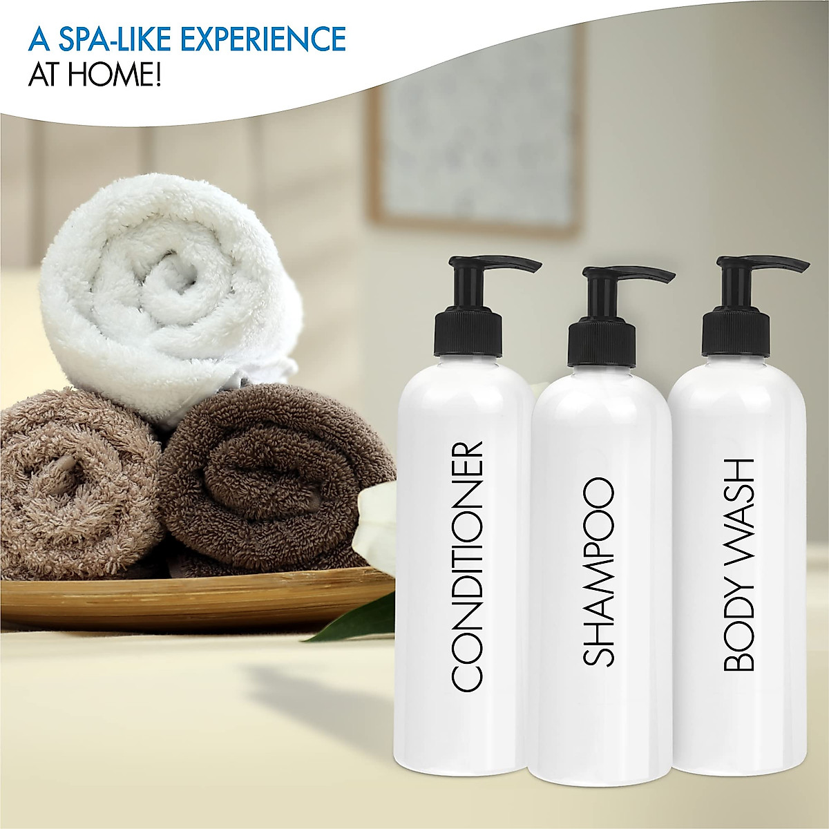 Empty White Plastic Shampoo & Conditioner Bottles (Pack of 6, 17 Fl. Oz) - 3 Screen Printed Bottles and 3 Bottles with 6 Transparent Stckers