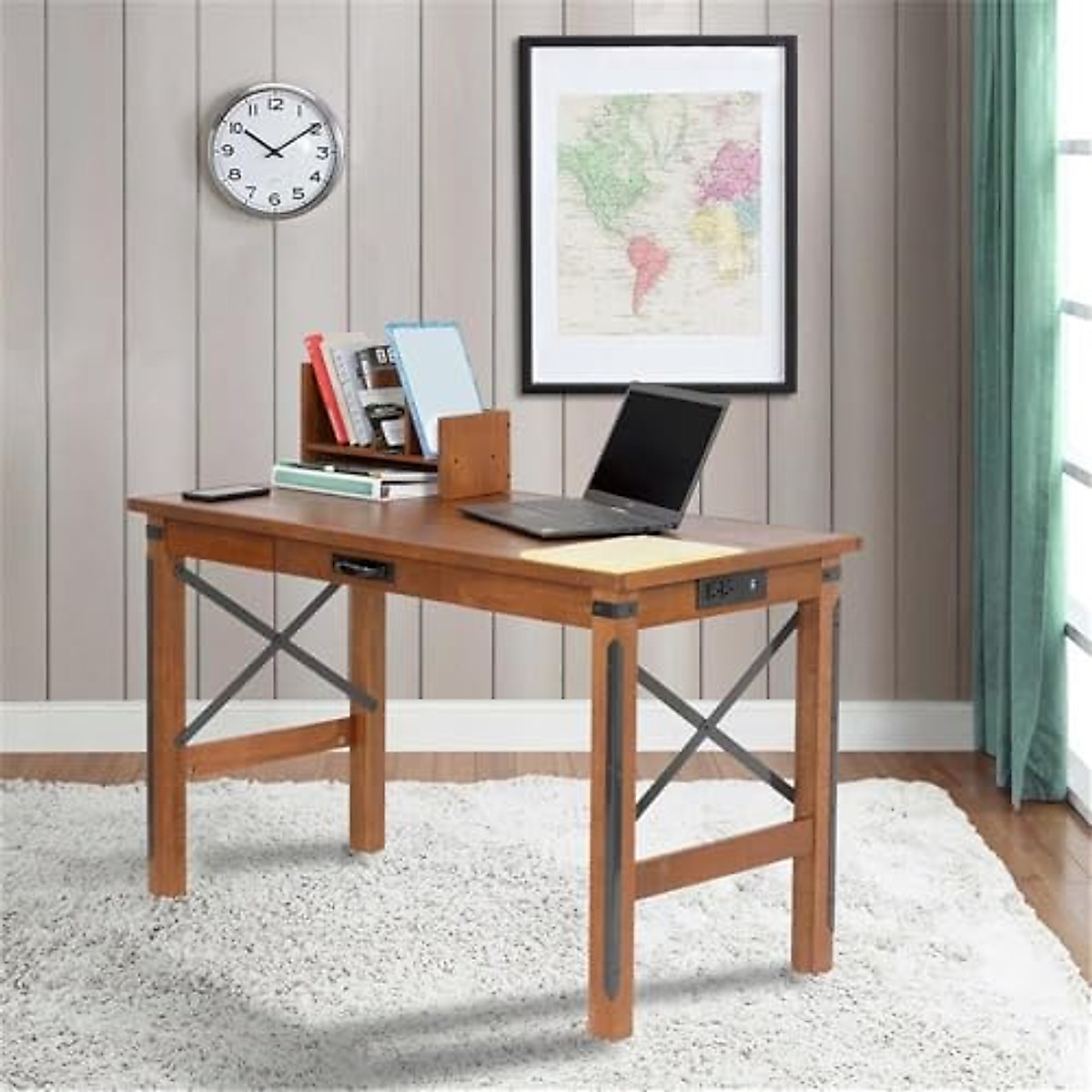 OS Home and Office Furniture Model 33248 Wood Veneer Industrial Collection 24 by 48 Desk with USB Ports