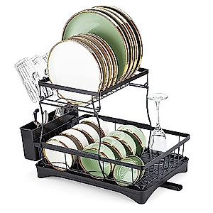 Dish Drying Rack, Dish Rack for Kitchen Counter, Over Sink Dish Drying Rack with Drain Board, 2-Tier Large Capacity Dish Drainer Organizer Shelf with Utensil Holder, Wine Glass Holder - Black