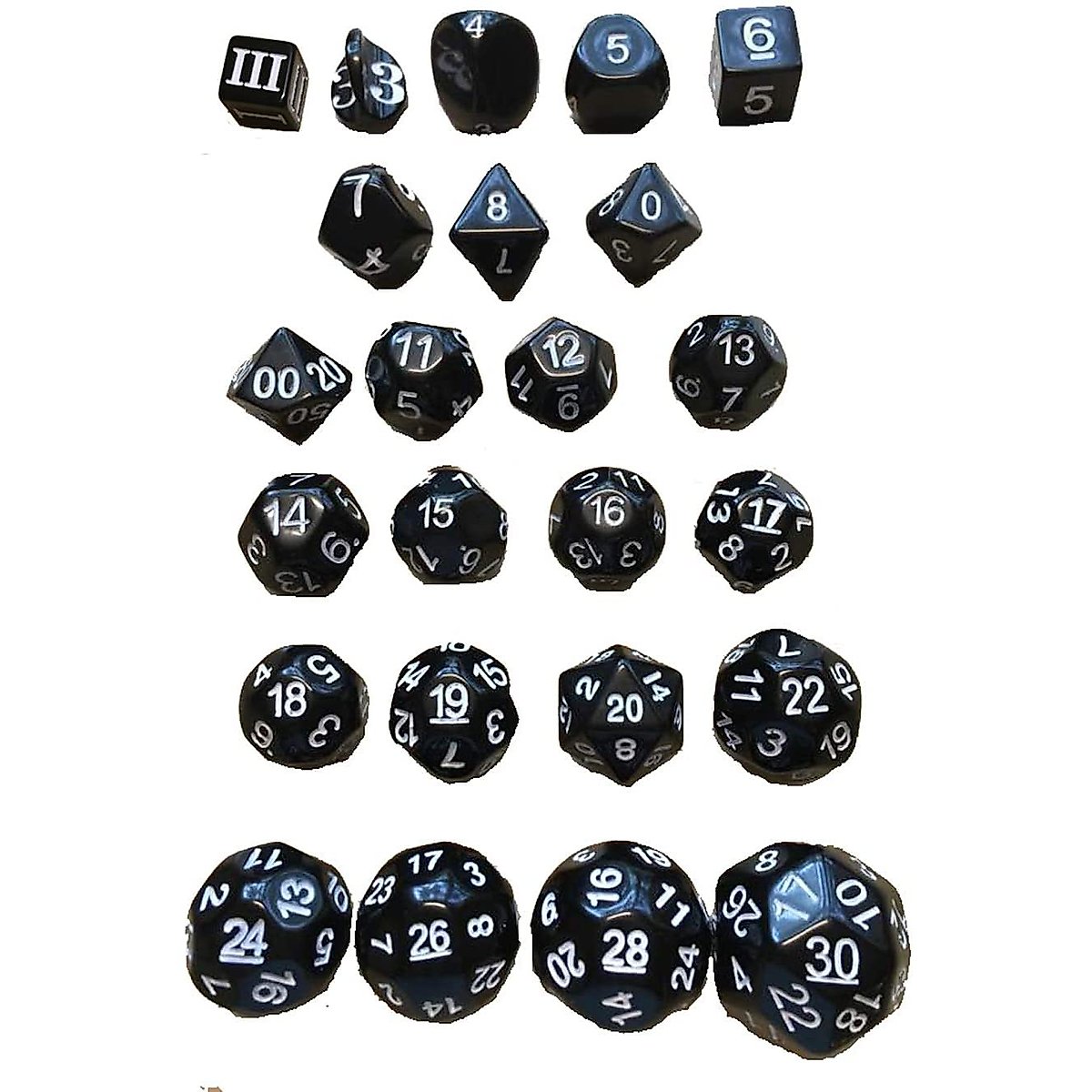 Black - 24 Unusual Dice Set - D3s, D4, D5, D6, D7, D8, D10, D, D11, D12, D13, D14, D15, D16, D17, D18, D19, D20, D22, D24, D26, D28 & D30