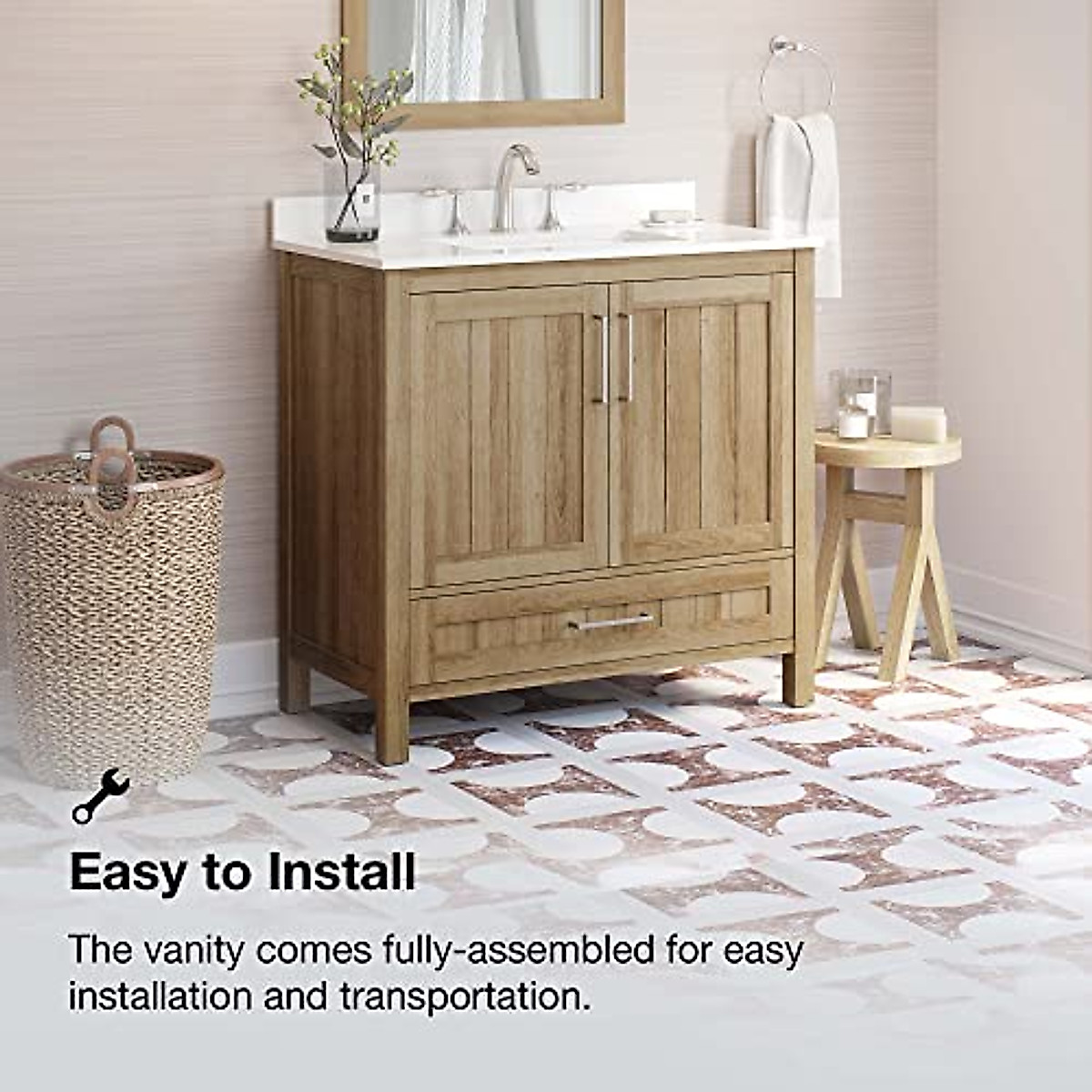 OVE Decors Kansas 36" Single Sink Bathroom Vanity Set with Countertop, Fully-Assembled | Ceramic Sink and Backsplash Included | 02 Doors, 01 Drawer, 36 inches, White Oak