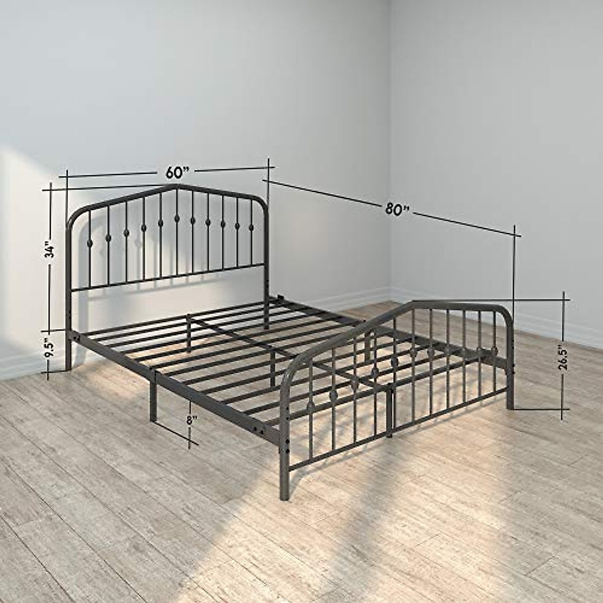 AMBEE21 Washington Queen Metal Bed Frame with Headboard and Footboard Platform/Wrought Iron/Heavy Duty/ Metal Slat/ Grey Silver/No Box Spring Needed