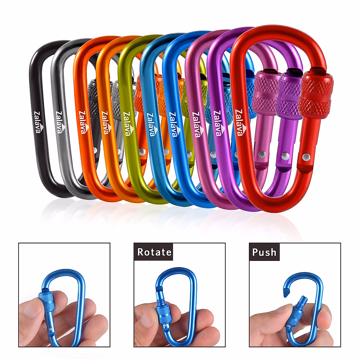 Zalava 2" 10 pcs D-Clip Durable Locking Carabiner Clips Keychain Clip, Spring-Loaded Aluminum Keychain Clip Hook, Screwgate Locking Carabiner Clip Outdoor, Indoor, or Dog Leash Round