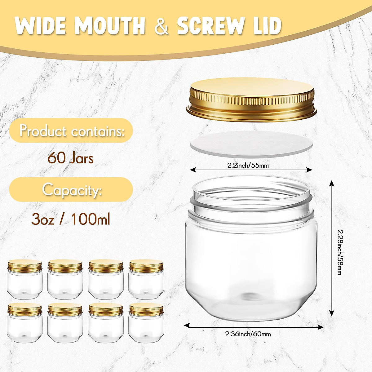 Tanlade 60 Pcs 3 oz Clear Plastic Jars with Lids Wide Mouth Mason Jars Mini Storage Containers Bulk for Herb Jelly Wedding Valentine Favors Shower Party Favors(Gold)