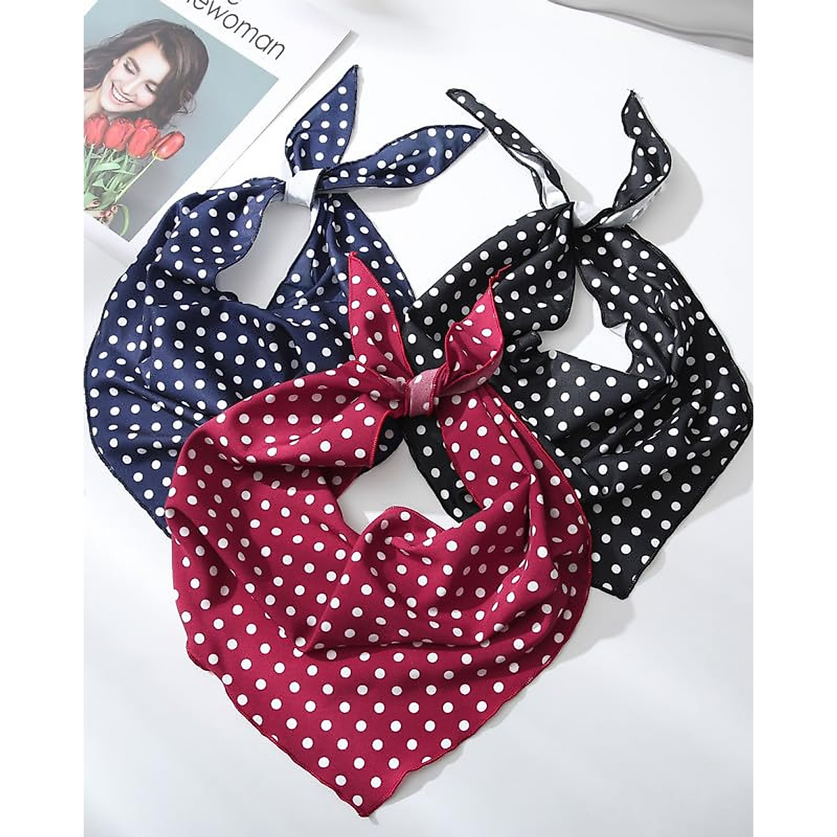 AWAYTR 3Pcs Hair Bandanas Head Kerchief for Women Girls Tie-Back Boho Hair Scarf Headband Bandana Triangle Head Scarf (Polka Dot - Red/Black/Dark Blue)