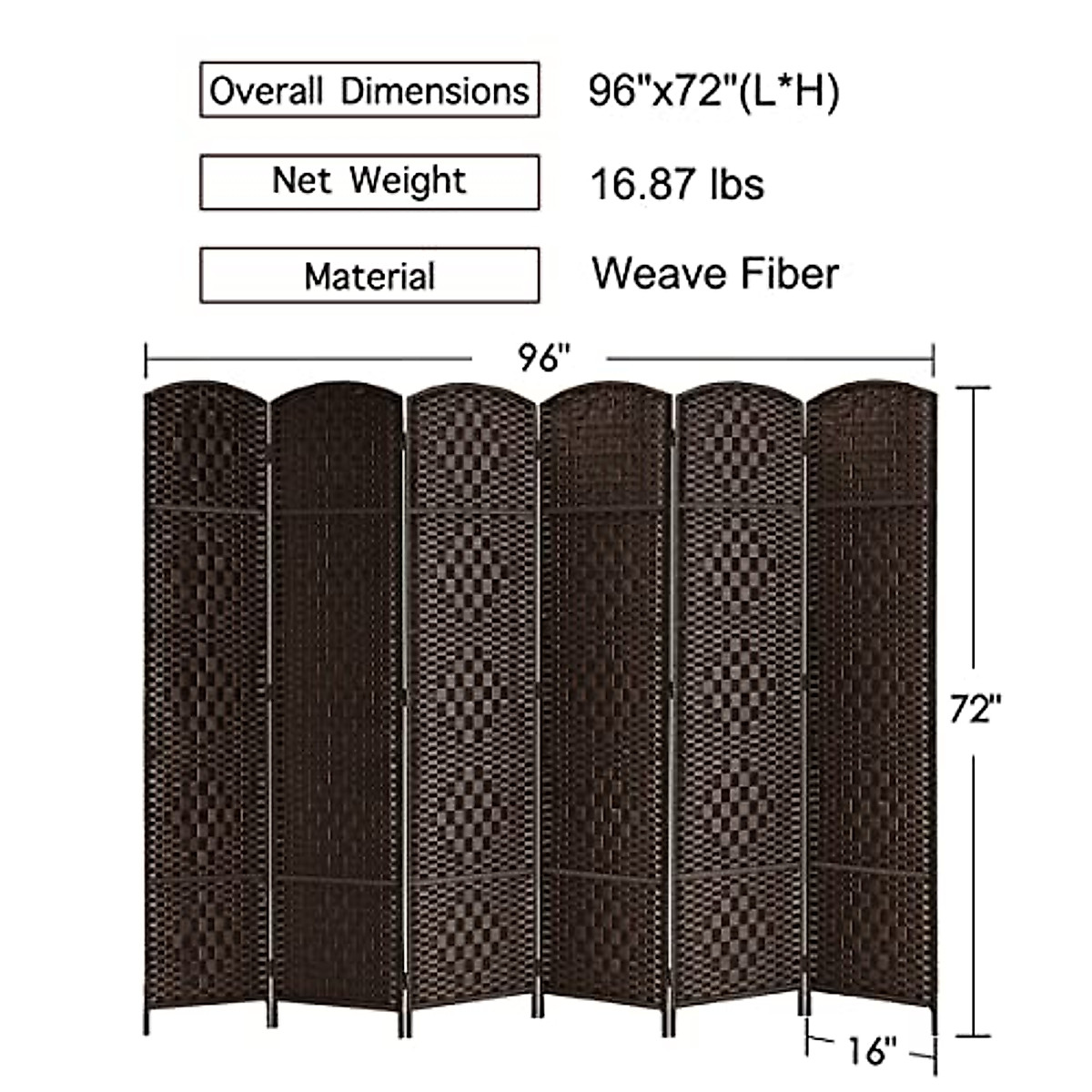 6 ft. Tall-Extra Wide-Diamond Weave Fiber Room Divider,Double Hinged,6 Panel Room Divider/Screen, Room Dividers and Folding Privacy Screens 6 Panel, Freestanding Room Dividers-Dark Mocha 6 Panel