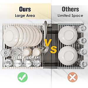 Tomorotec 17.7" x 15.5" Roll Up Dish Drying Rack Over Sink Drying Rack Sink Cover Kitchen Sink Accessories Gadget Multipurpose Organizer Foldable Stainless Steel Drainer