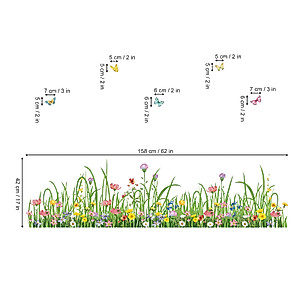 wondever Green Grass Floral Wall Corner Stickers Wildflower Butterflies Baseboard Skirting Line Wall Decals for Living Room Bedroom Dining Room (W:62 inches)