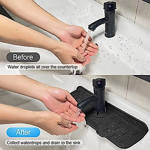 Silicone Sink Splash Guard with Dish Soap Sponge Holder, Bathroom Faucet Water Catcher Mat, Absorbent Drain Drying Pad, Mat Self Draining Drip Catcher, Black, 14.6 x 5.5 x 4.3, (J-BLACK)