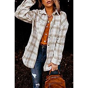 PRETTYGARDEN Women's 2023 Fall Clothes Plaid Shacket Jacket Long Sleeve Button Down Flannel Shirts Fashion Blouse(Plaid Khaki,Large)