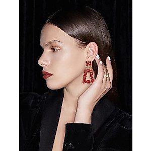 VANGETIMI Red Rhinestone Rectangle Dangle Earrings Colorful Crystal Geometric Drop Statement Earrings for Women