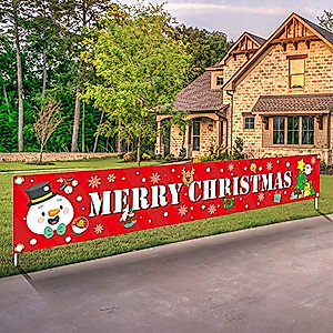 Large Merry Christmas Banner Xmas Decoration Snowman Christmas Tree Hanging Huge Sign Holiday Party Supplies Home Decor for Outdoor,Indoor,Yard,Garden,Porch,Lawn