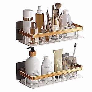 FVRTFT Bathroom Shelves No Drilling Shower Shelves Anti Rust Shower Rack Self Adhesive Wall Mounted Space Aluminum For Restroom Toilet,gold,2 Tier