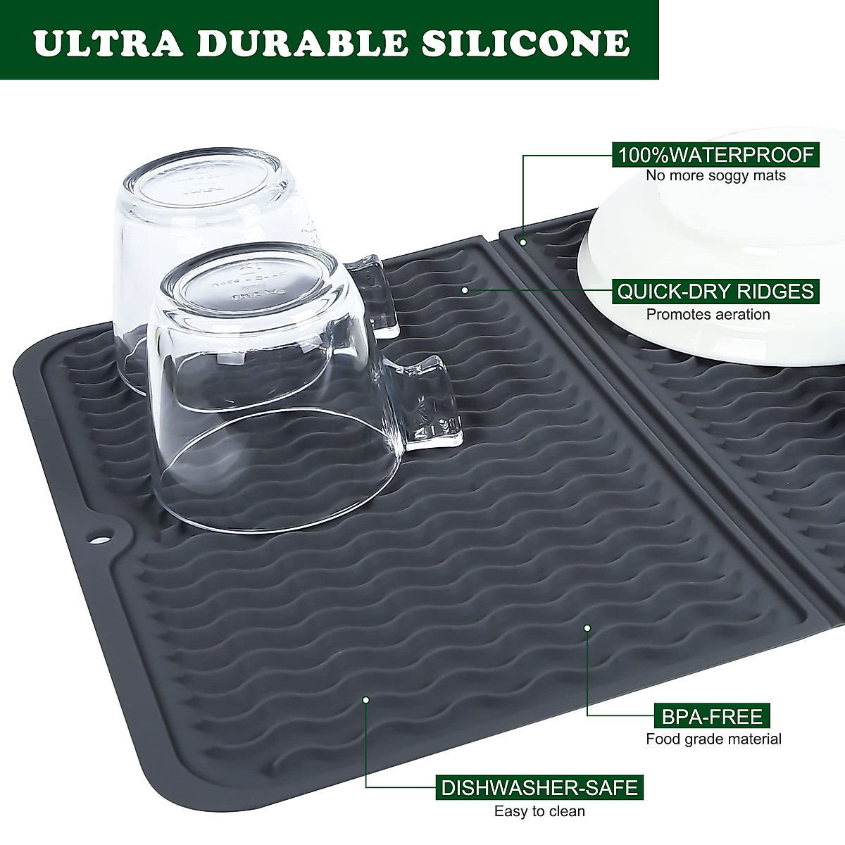 Silicone Dish Drying Mat for Multiple Usage,Easy clean,Food Grade Silicone,Oversized,Heat-resistant Foldable Silicone Mat Rack for Kitchen Counter,Refrigerator or Drawer liner