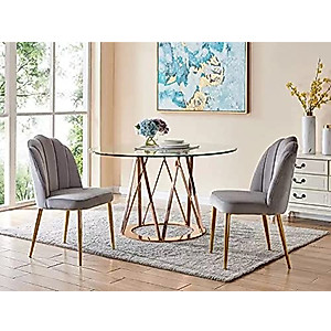 Iconic Home Chelsea Dining Side Chair Vertical Channel Quilted Velvet Upholstered Crown Top Back and Seat Solid Gold Tone Metal Legs (Set of 2) Modern Contemporary, Grey