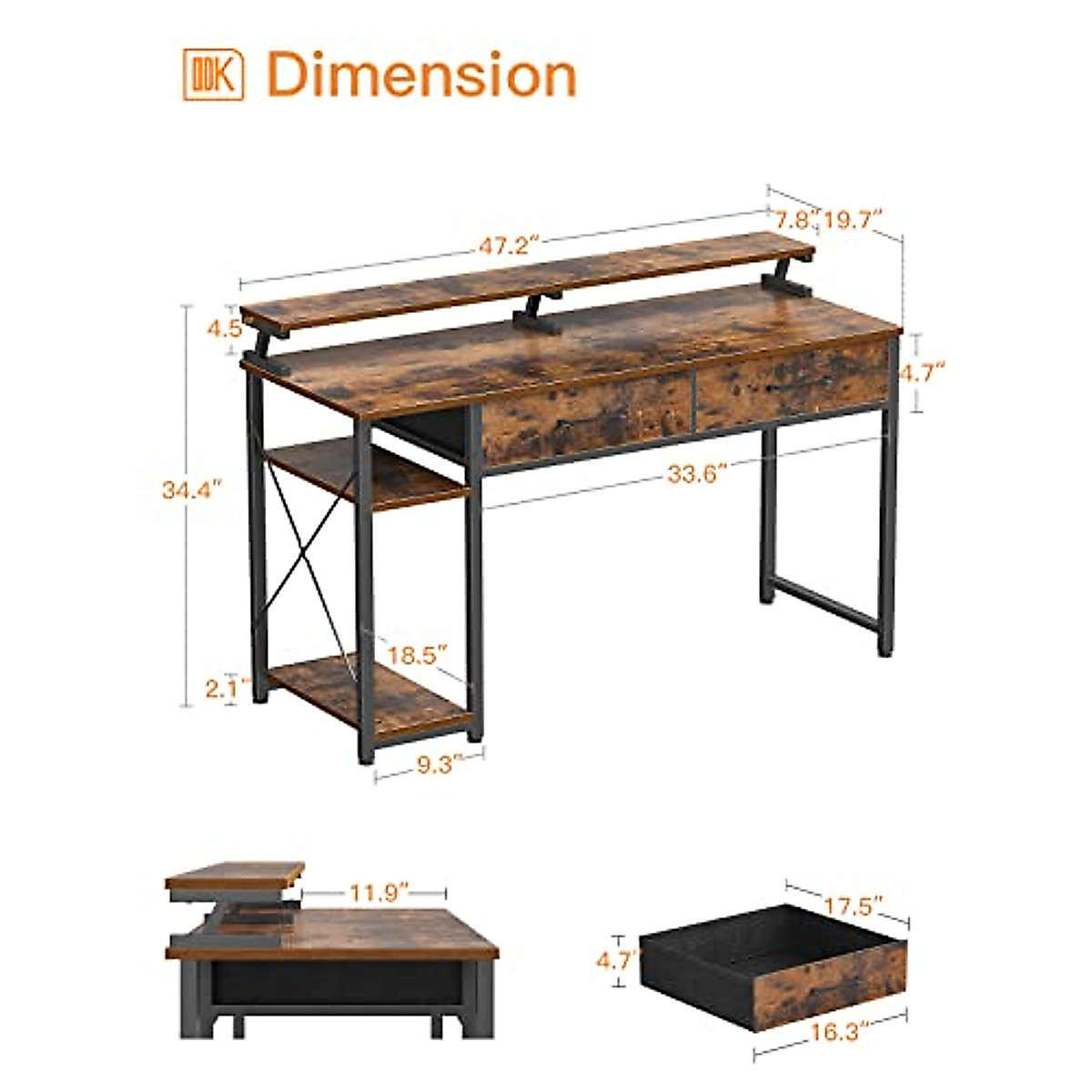 ODK Computer Desk 47" Table: Office Desk with Cloth Drawers & Wood Storage Shelves, Home Work Writing Desk & Large Space Monitor Stand, Rustic Brown