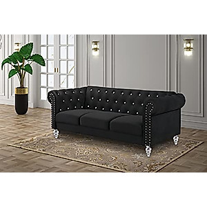 New Classic Furniture Glam Emma Velvet Three Seater Chesterfield Style Sofa for Small Spaces with Crystal Button Tufts, Black