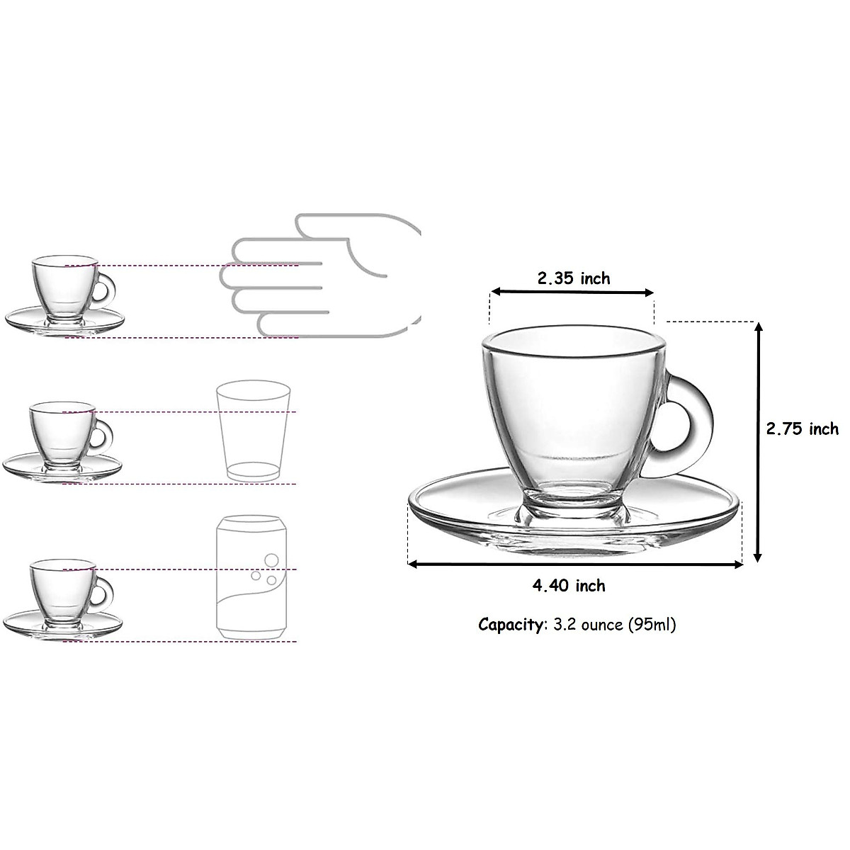 BOHEM'S Espresso Cups, 3.2 oz Small Demitasse Clear Glass Espresso Drinkware, Set Of Cups, Saucers and Stainless Steel mini Spoons + Free Glass Spoons (Set of 6)