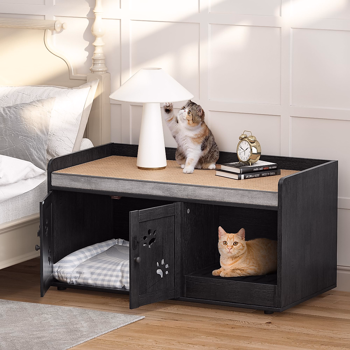 Recaceik Cat Litter Box Enclosure with Mat, Hidden Cat Washroom Furniture with Litter Catcher Box, Wooden Cat House with Door Indoor Cat Cabinet Fit Most Litter Box