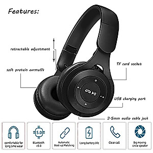 Kids Bluetooth Headphones, On-Ear Wireless Bluetooth 5.0 Headsets, Comfortable Protein Earpad & Folding Storage, Stereo Shock Bass Headphones with Mic for Learning Online Lessons Music Game (Black)