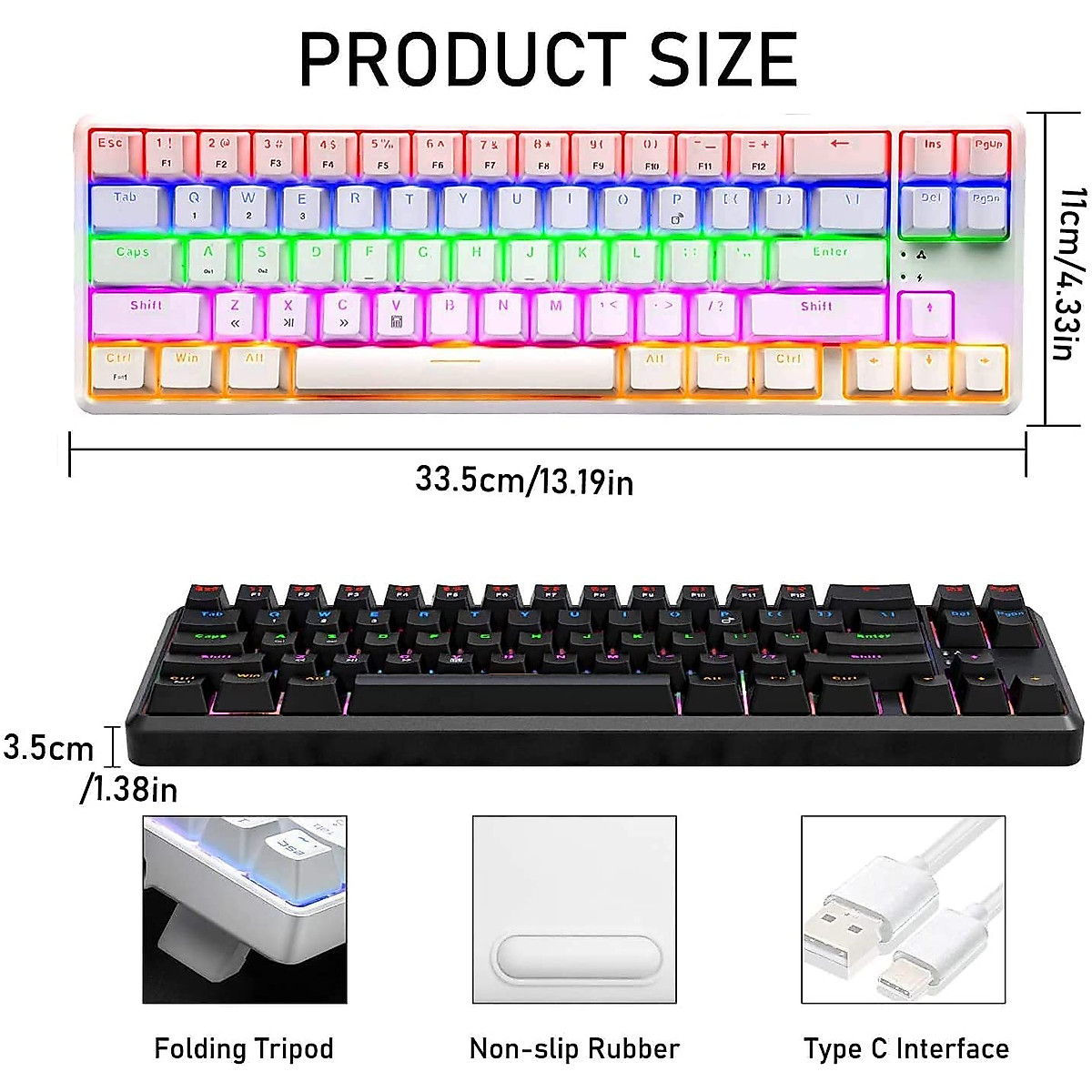 Wireless Mechanical Gaming Keyboard,60% Ultra-Compact Blue Backlit Rechargeable Bluetooth Dual Wired/Wireless Blue Switches Computer Keyboard for Multi-Device Phone Android Mobile(White Rainbow)