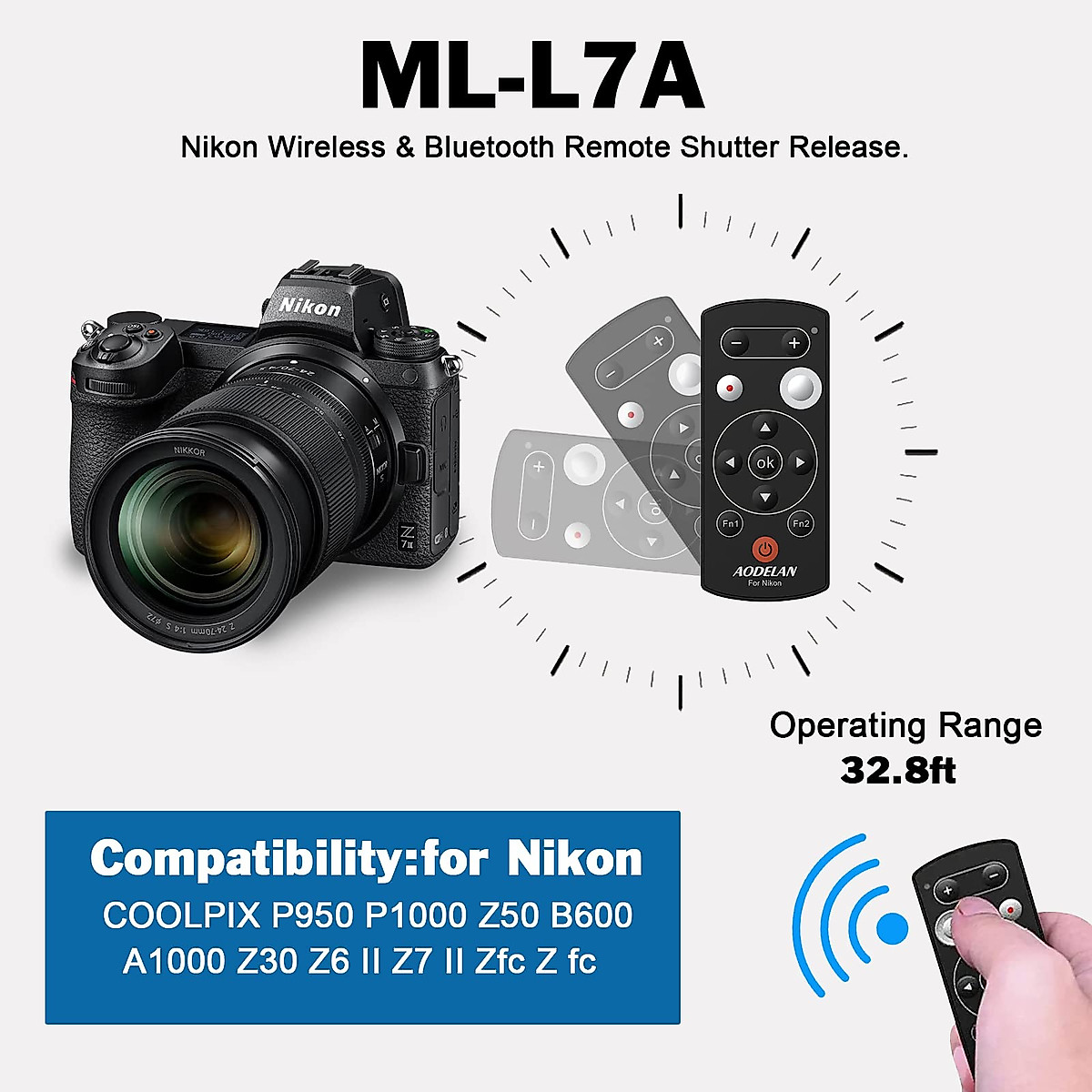 Aodelan Wireless Remote Control for Nikon COOLPIX P950 P1000 Z50 B600 A1000 Z30 Z6 II Z7 II Zfc Z fc,Camera Remote Shutter Release Replaces Nikon ML-L7