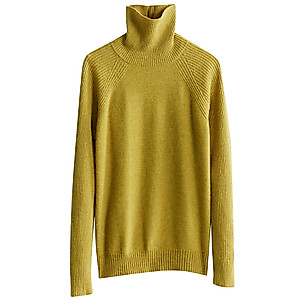 LINY XIN 100% Merino Wool Swetaer for Women Turtleneck Long Sleeve Fall Winter Warm Knitted Pullover Sweater Jumper (Yellow Green,L)