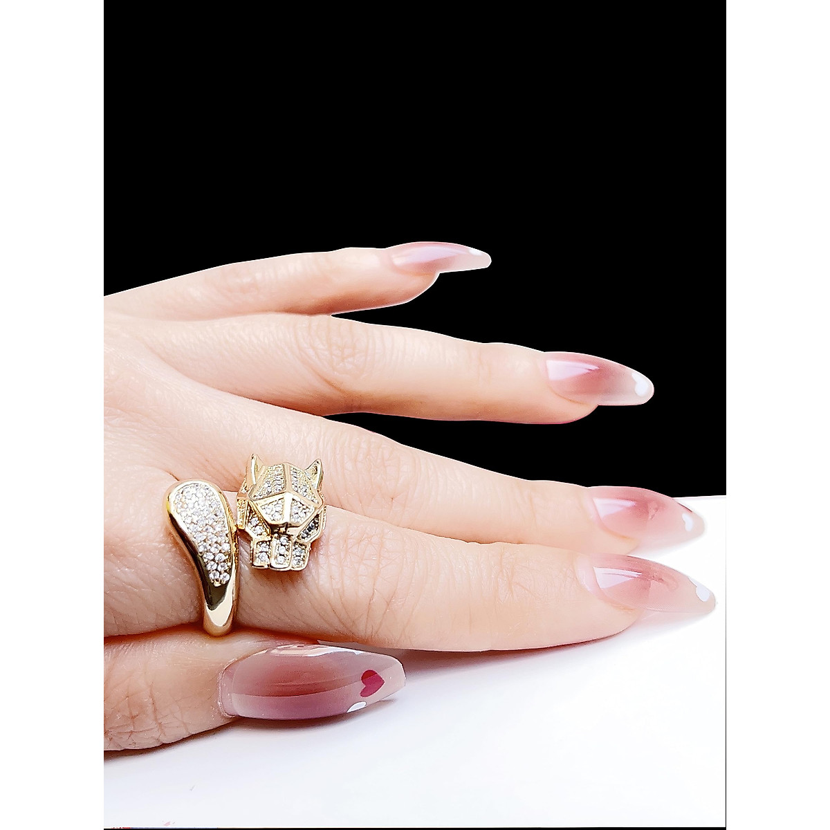 AIKAITUO 14K Gold Transparent Crystal Rhinestone Cheetah Leopard Head Ring Adjustable Statement-ring for Women