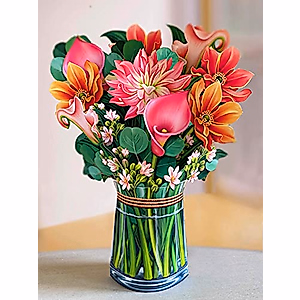 Freshcut Paper Pop Up Cards, Dear Dahlia, 12 inch Life Sized Forever Flower Bouquet 3D Popup Greeting Cards with Note Card and Envelope - Dahlia & Cala Lily Flowers