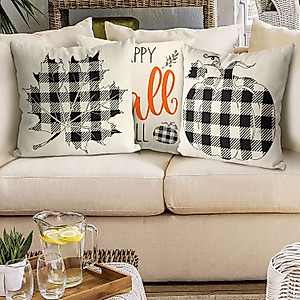 MingTa Happy Fall Pillow Covers 18x18 Set of 4, Linen Buffalo Plaid Maple Pumpkin Truck Farmhouse Thanksgiving Throw Pillow Covers Outdoor and Indoor, Pillow Cases for Sofa Couch Fall Home Decor