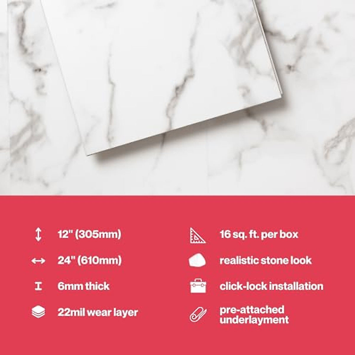 LUCiDA SURFACES Luxury Vinyl Flooring Tiles-Interlocking Flooring for DIY Installation-8 Stone-Look Planks-Calacatta-TerraCore-16 Sq. Feet, Box of 8 Tiles